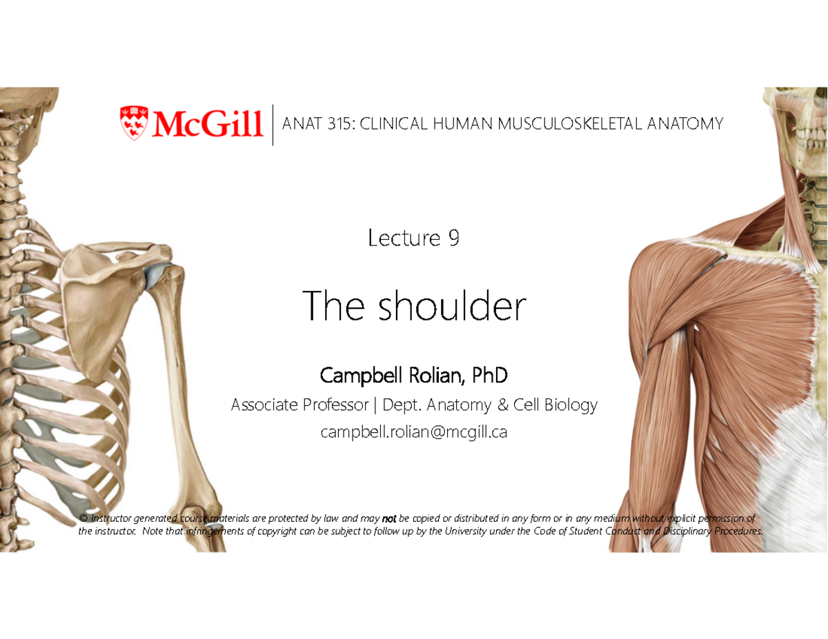 Lec 9 - Shoulder - Class lecture slides - Lecture 9 The shoulder ...