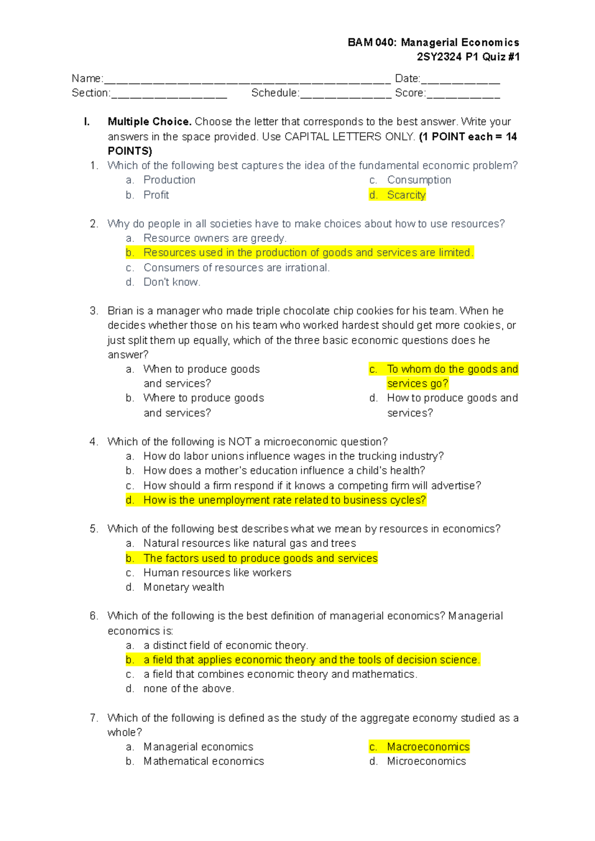 BAM040 P1 QUIZ-1 - Ghhb - BAM 040: Managerial Economics 2SY2324 P1 Quiz ...