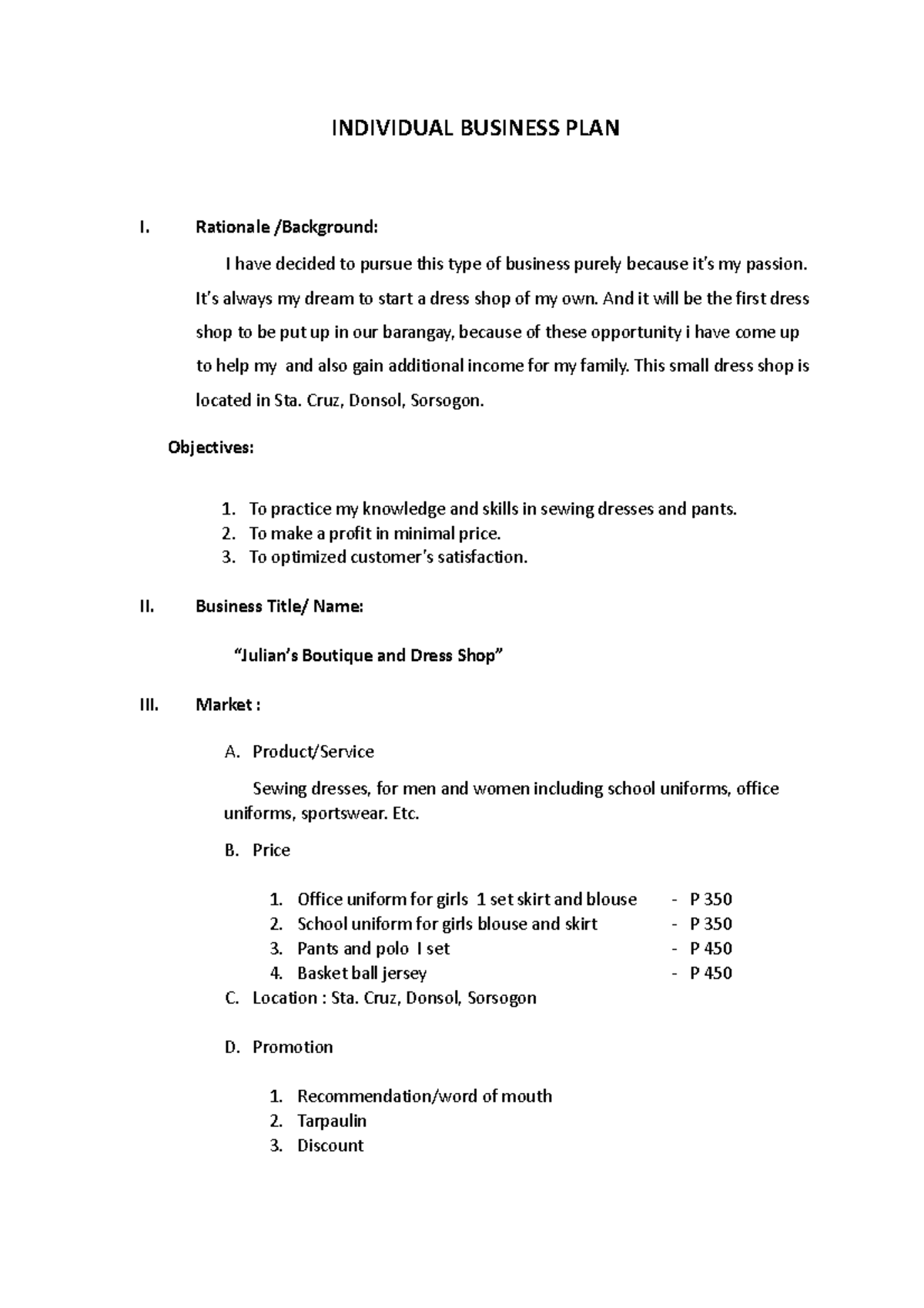 Business plan sample 2 - okkljgfkjghlgo - INDIVIDUAL BUSINESS PLAN I ...