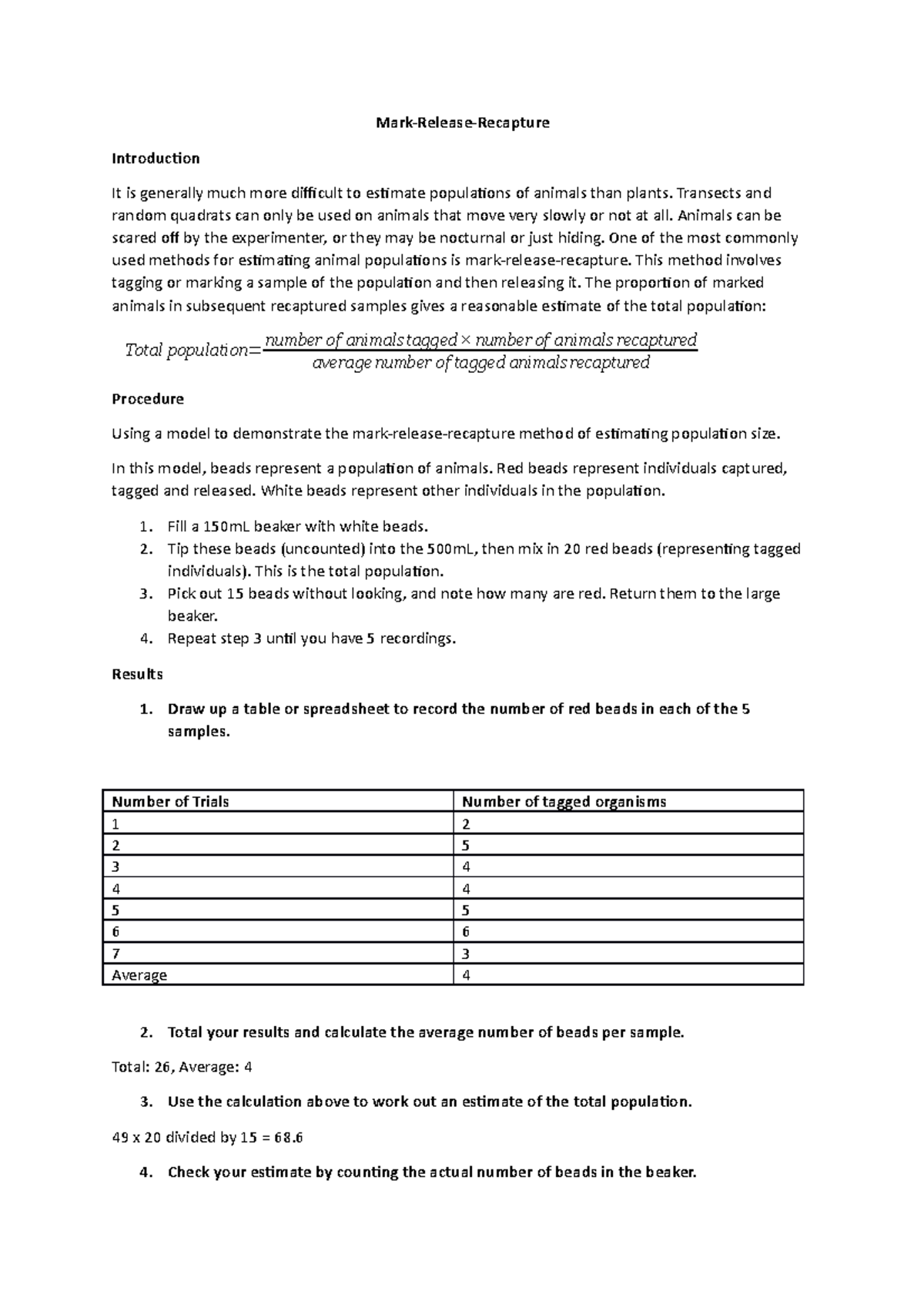 Mark Release Recapture - Mark-Release-Recapture Introduction It is ...