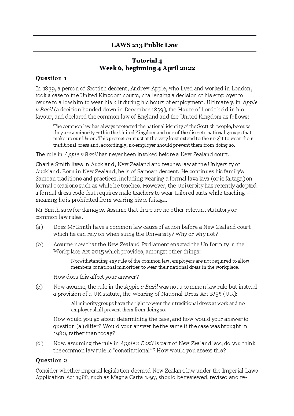 Tutorial 4 - Week 6(1) - LAWS 213 Public Law Tutorial 4 Week 6 ...