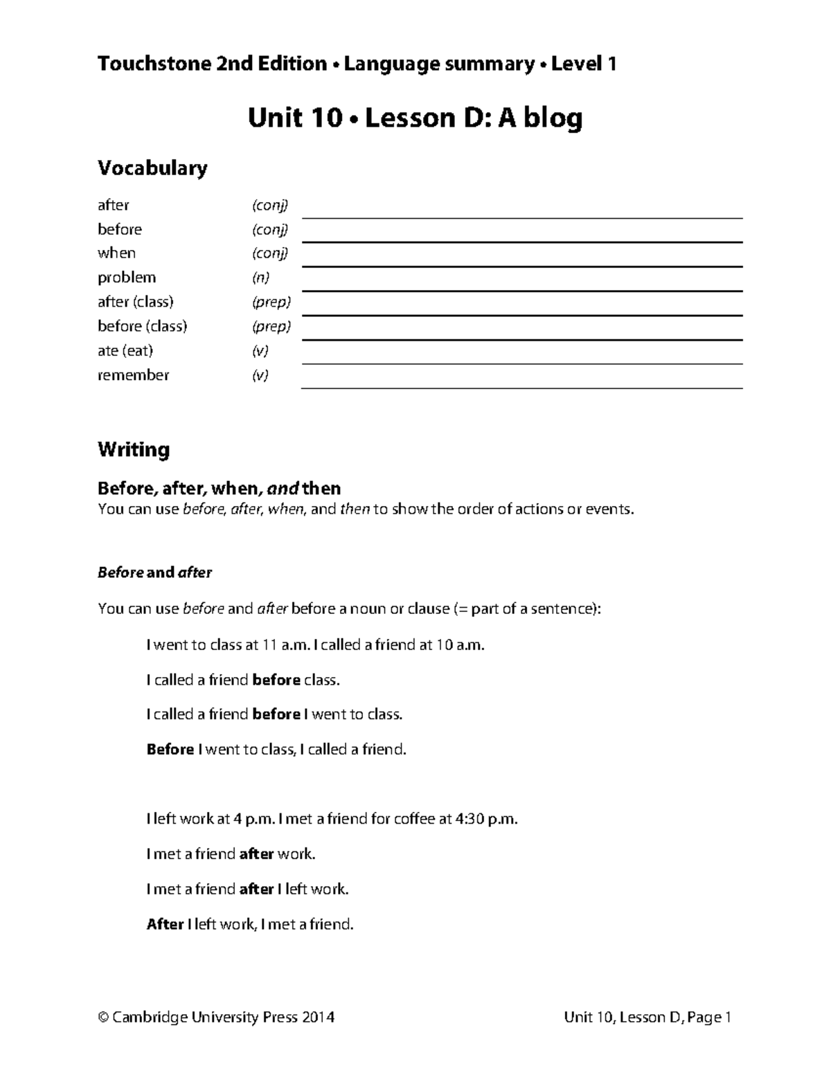 TS2e L1 U10 LD Langsum - Lectura - Touchstone 2nd Edition • Language summary • Level 1 Unit 10 ...