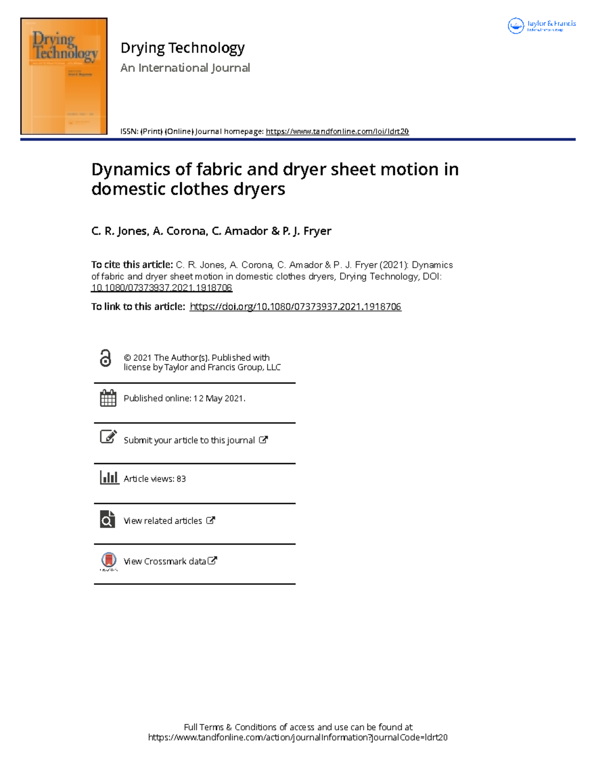 Dynamics of fabric and dryer sheet motion in domes - Full Terms ...