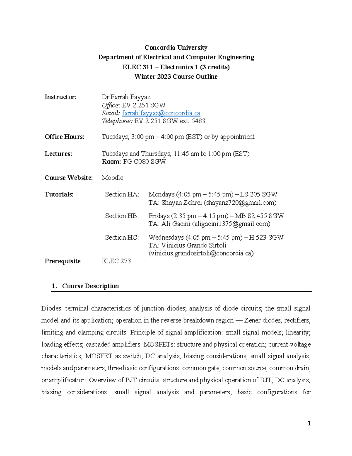 Course Outline ELEC311 W23 v2 - Concordia University Department of ...