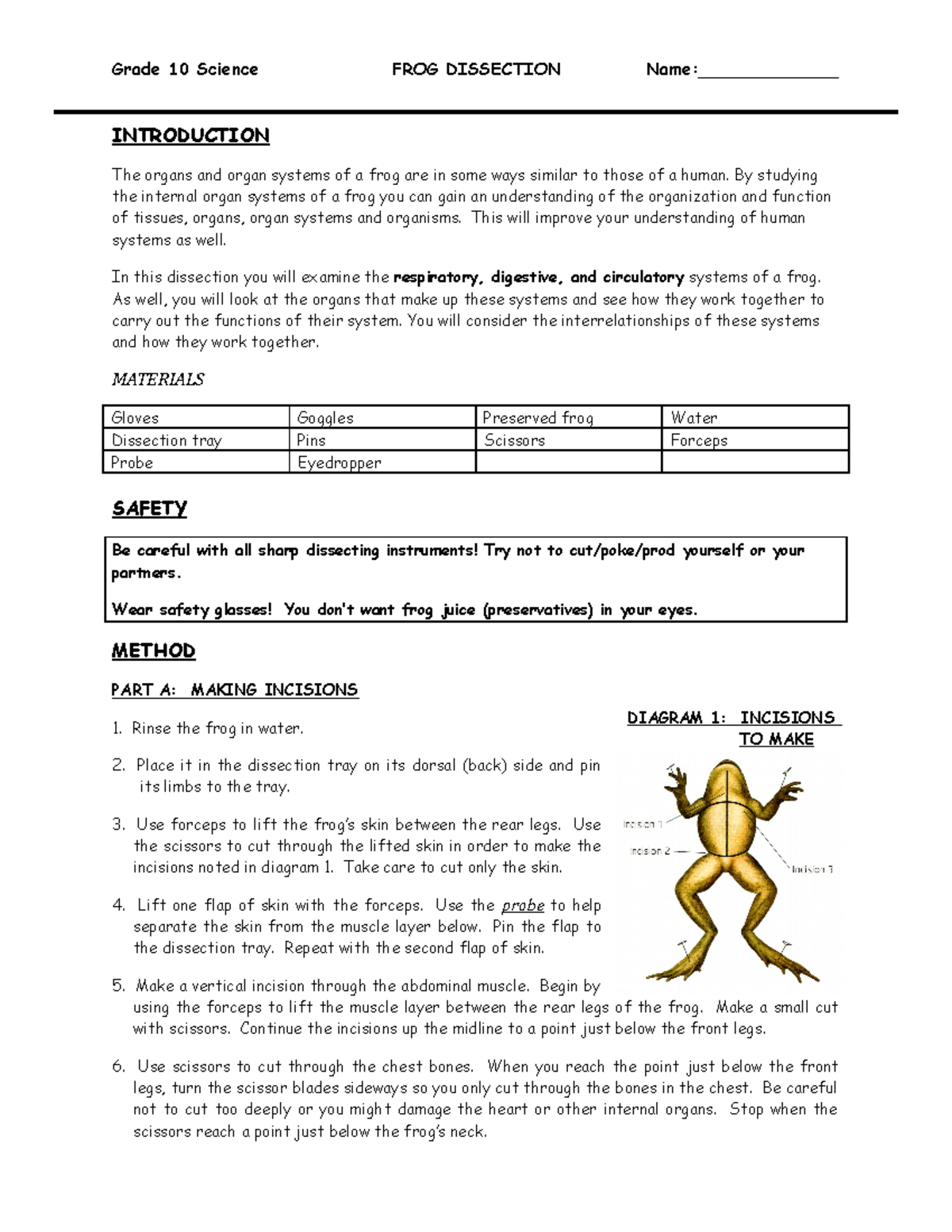 12 - Frog dissection instructions - Grade 10 Science FROG DISSECTION ...