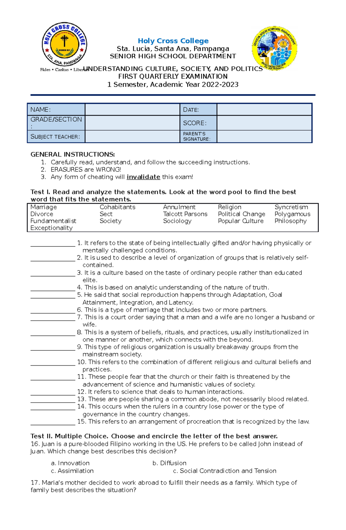 UCSP Prelims EXAM SHS - ucsp exam - Holy Cross College Sta. Lucia ...