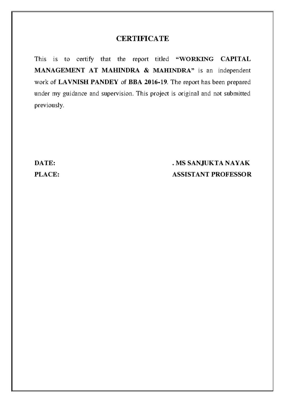 Working capital management at mahindra mahindra - CERTIFICATE This is ...