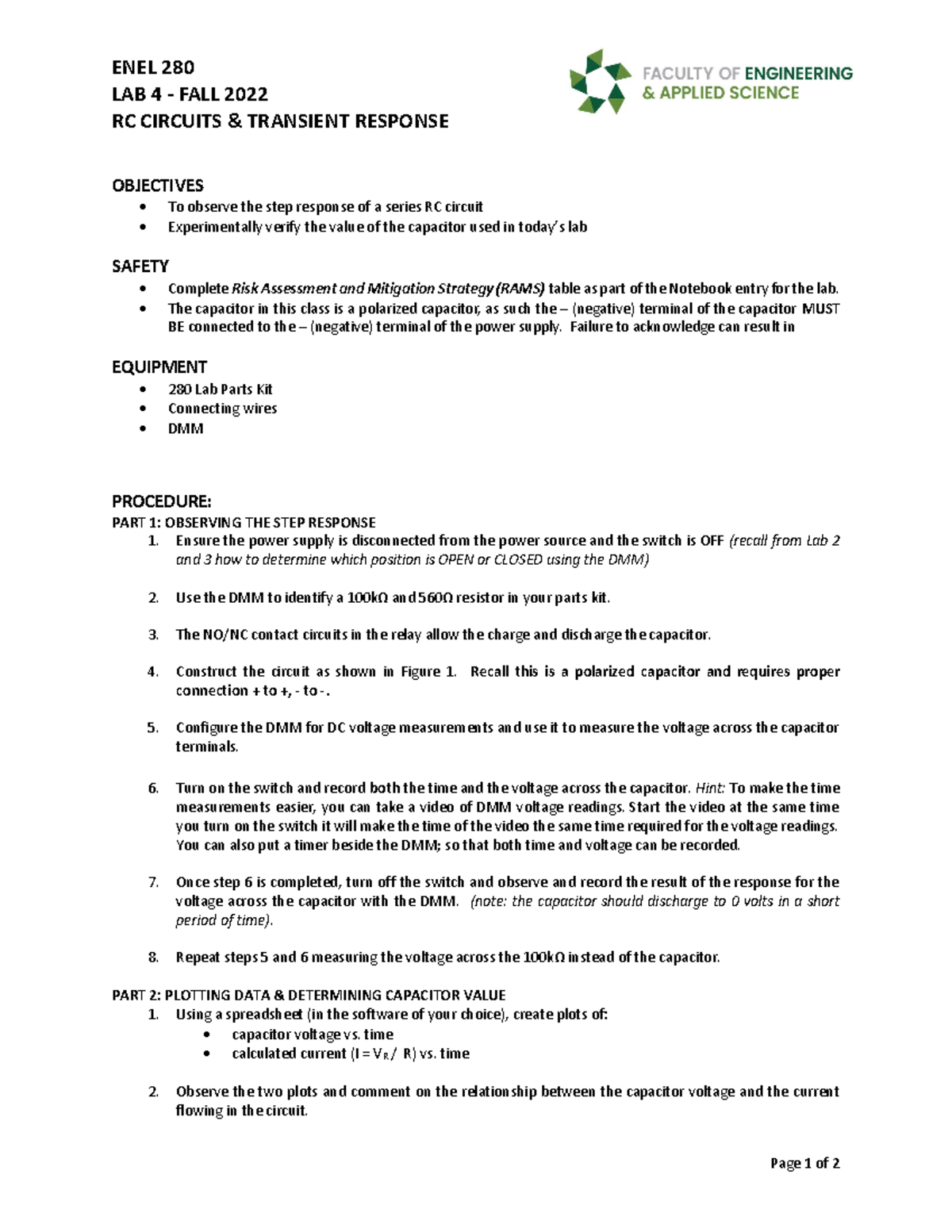 ENEL 280 Lab 4: RC Circuits Transient Response - Studocu