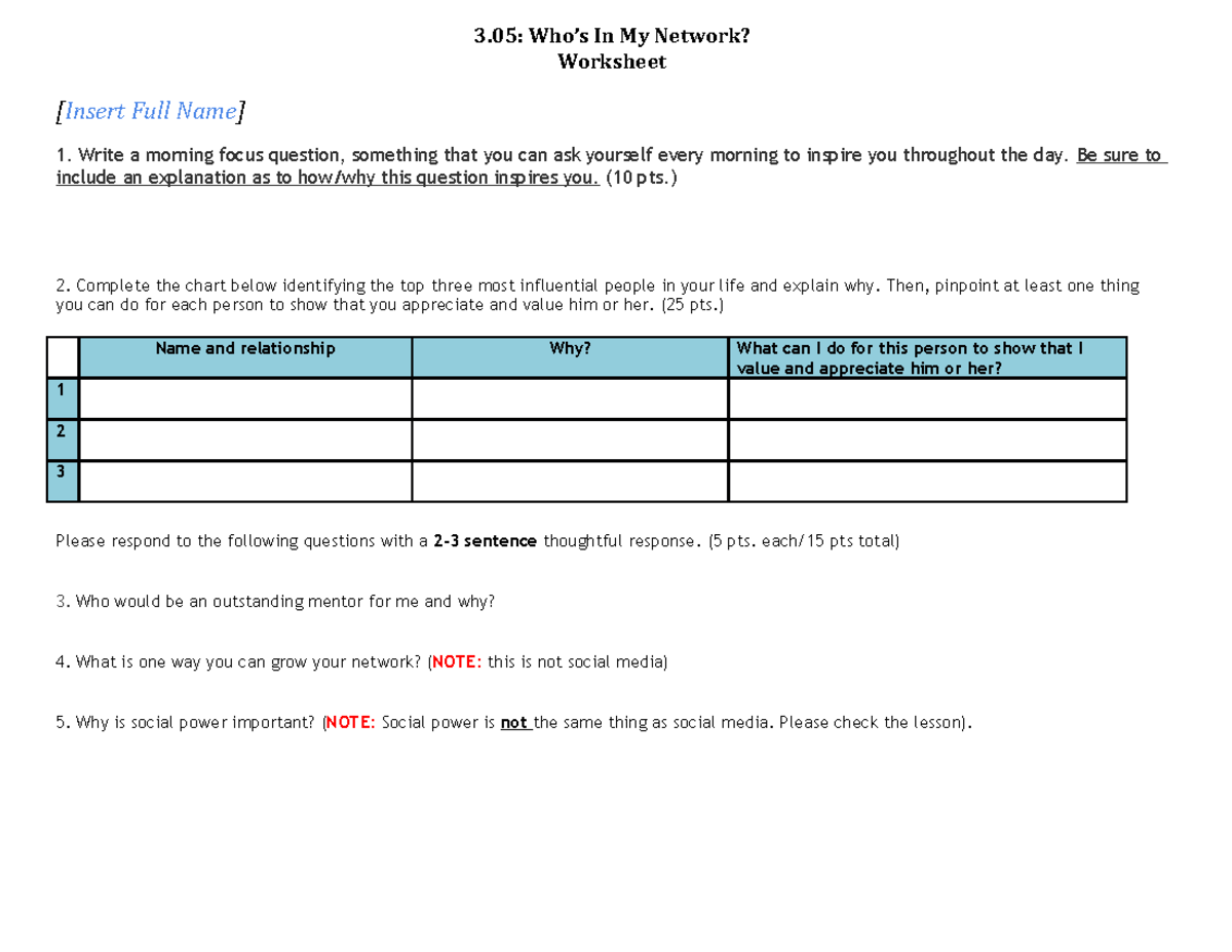 305Who Is In My Network - FLVSD - 3: Who’s In My Network? Worksheet ...