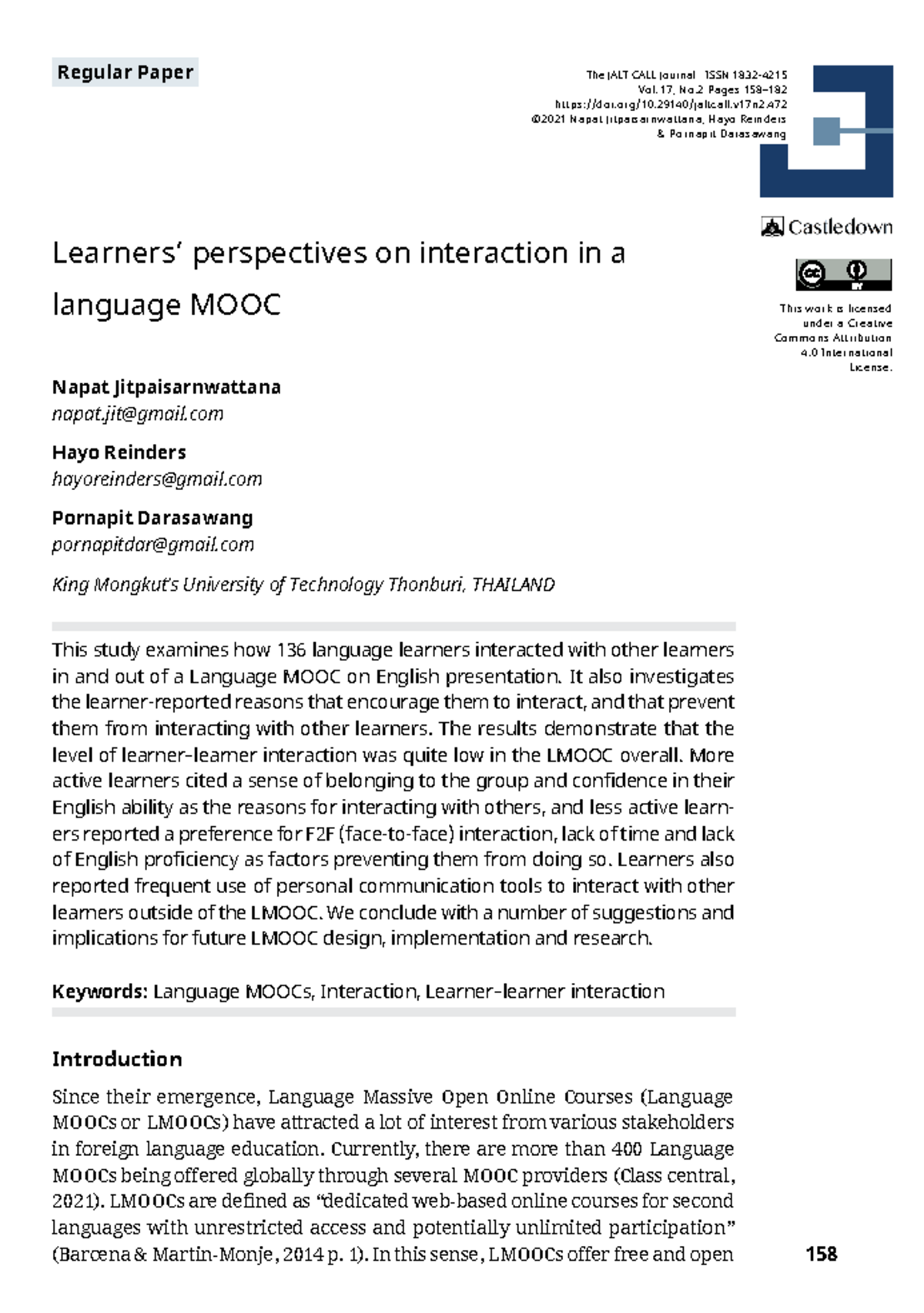 Learners perspectives on interaction in a languag - 158158 The JALT ...