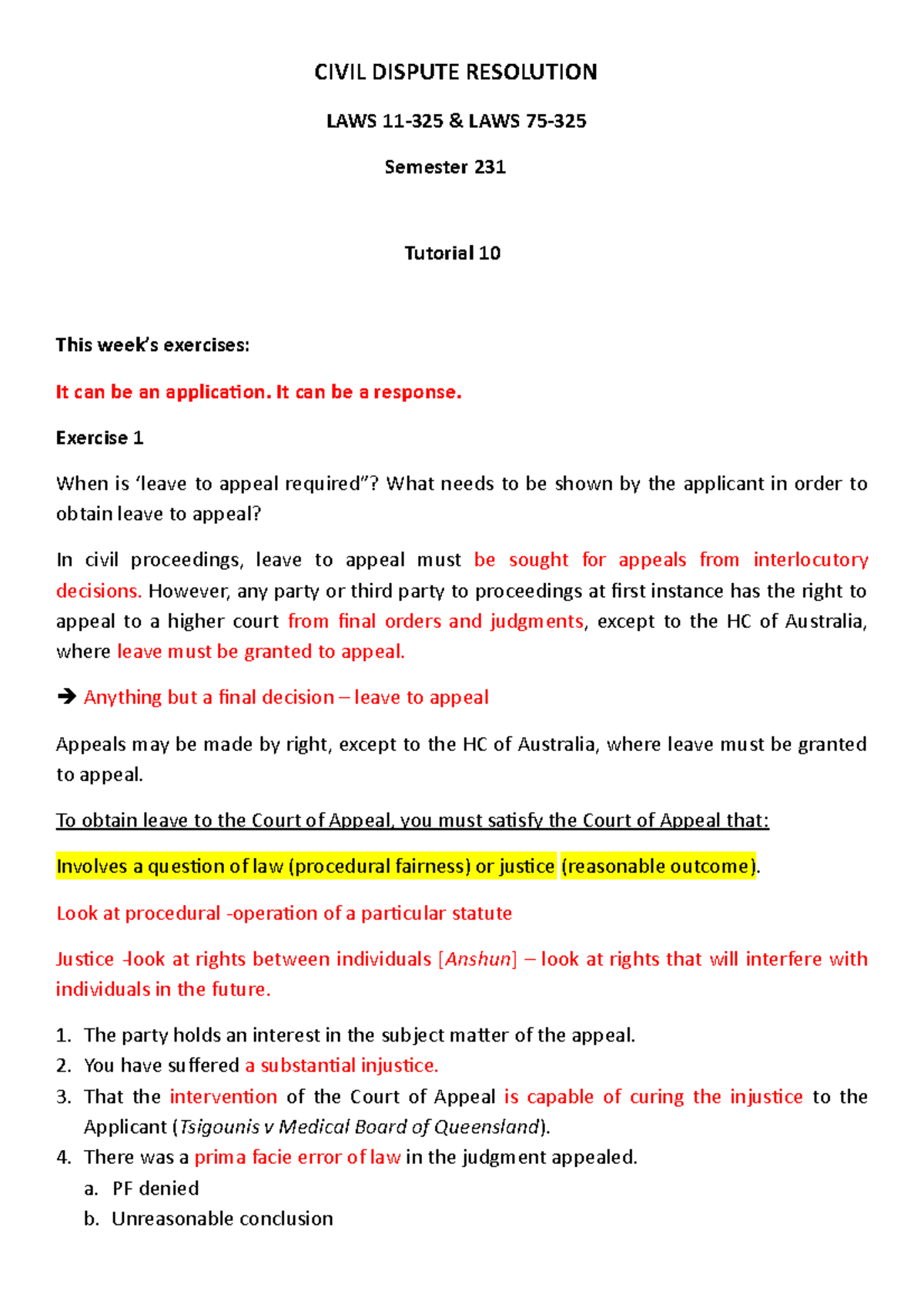 Tutorial 10 week 12 - CIVIL DISPUTE RESOLUTION LAWS 11-325 & LAWS 75- Semester 231 Tutorial 10 ...