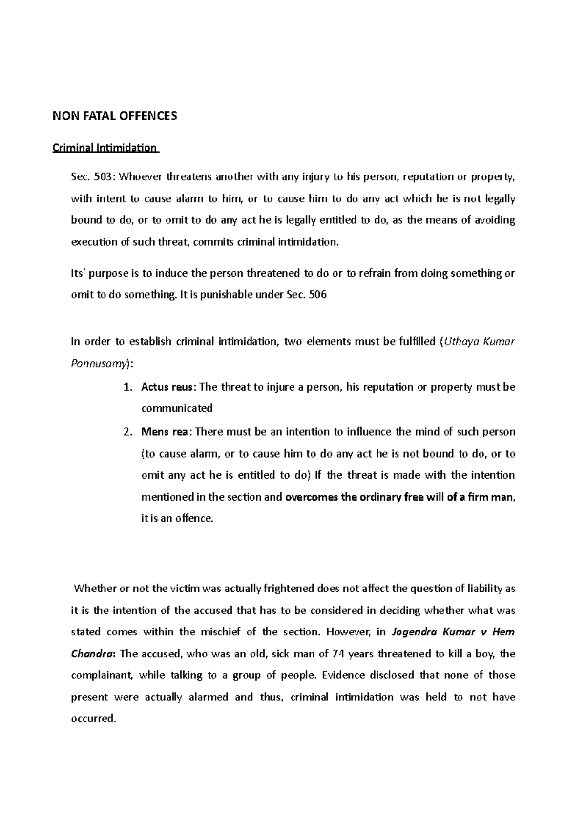 Non-fatal offences short notes - NON FATAL OFFENCES Criminal ...