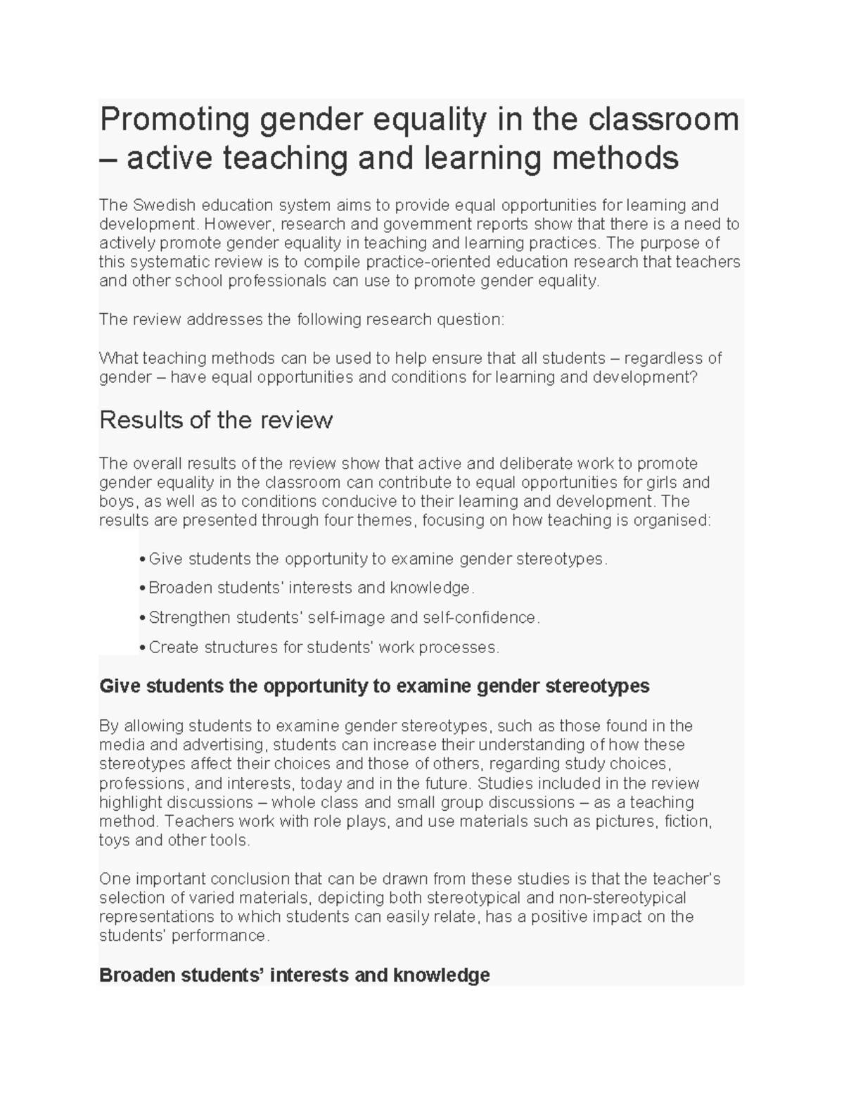 Promoting gender equality in the classroom - However, research and ...