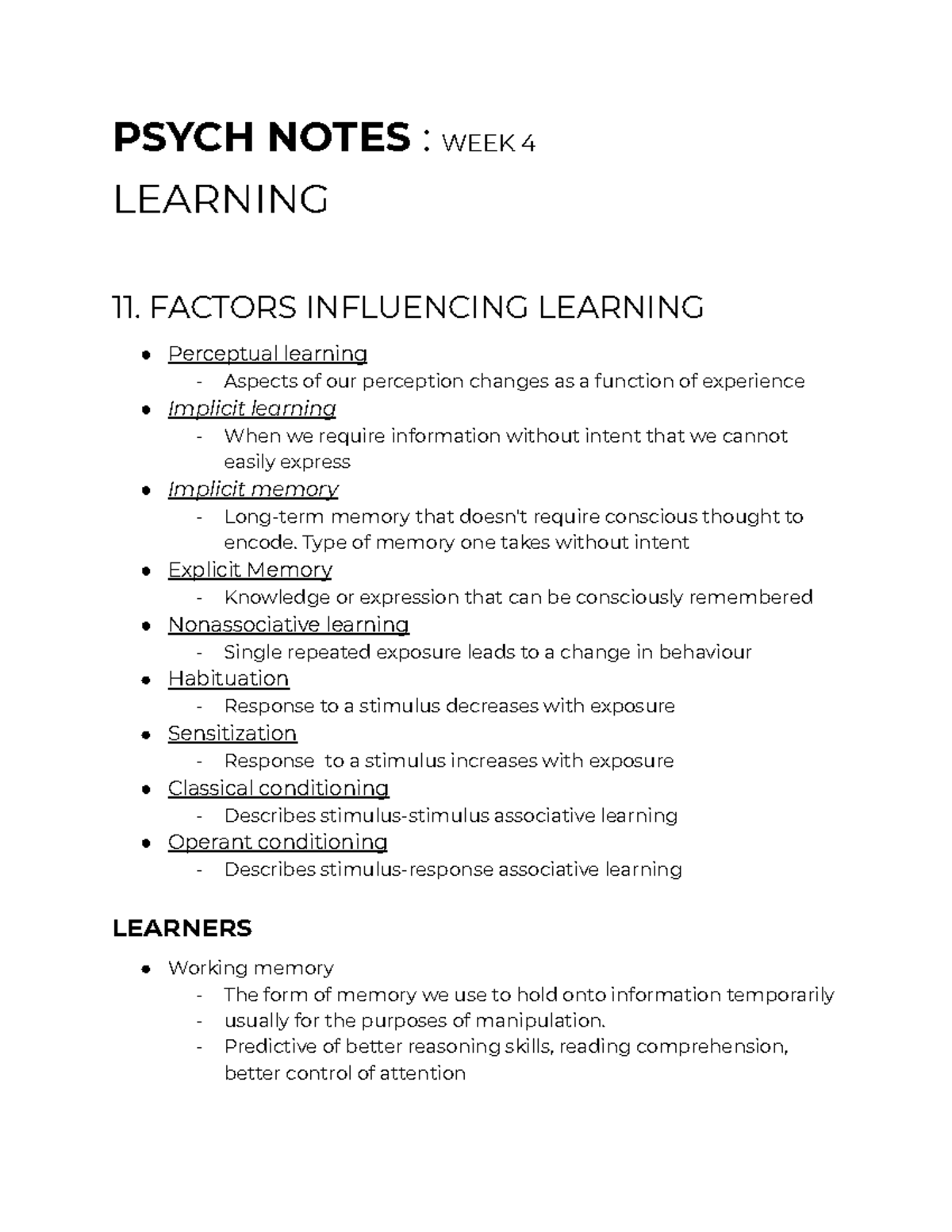 Psych Notes week 4- learning and the things that impact learning ...