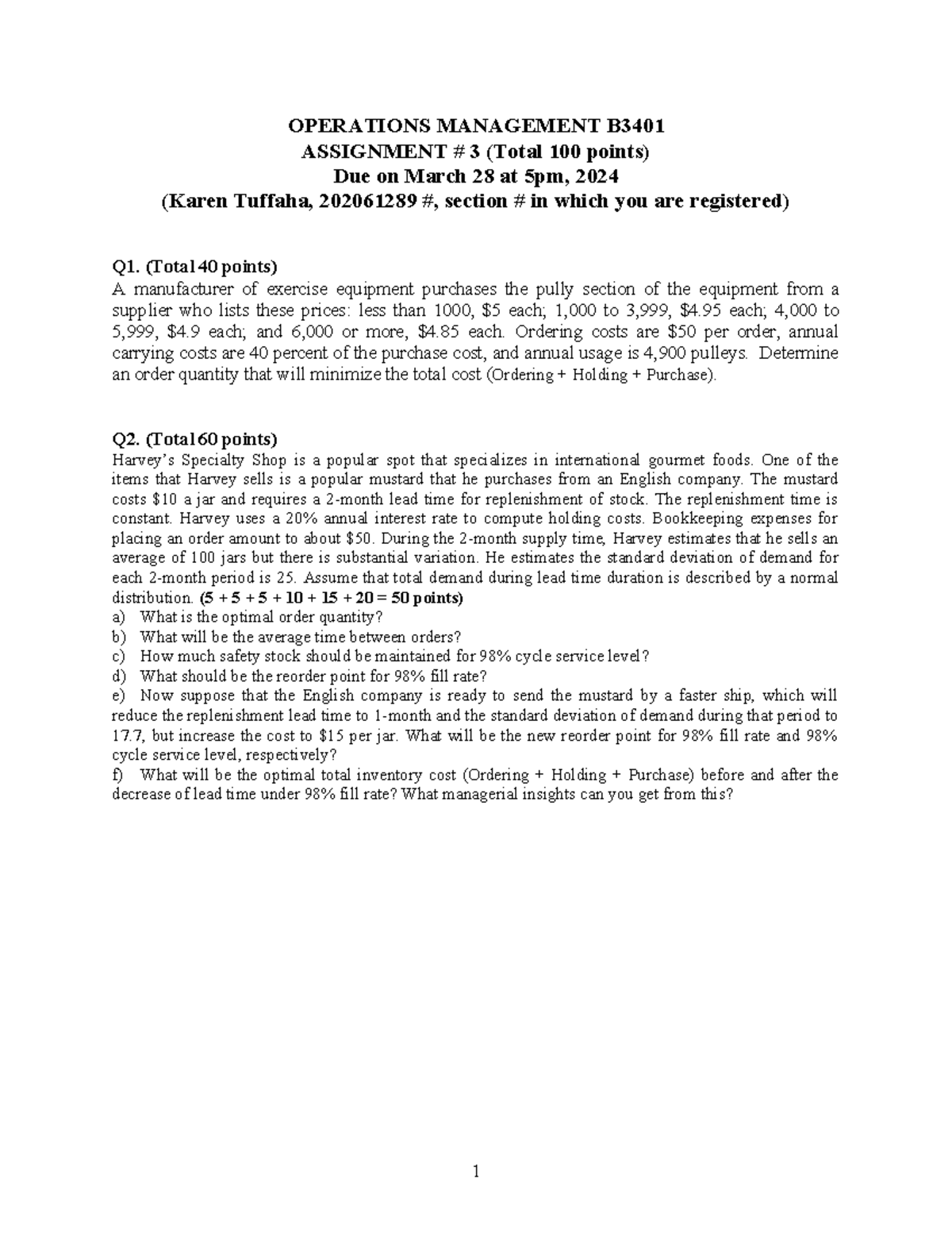 Assignment-3 - assignment questions - OPERATIONS MANAGEMENT B ...