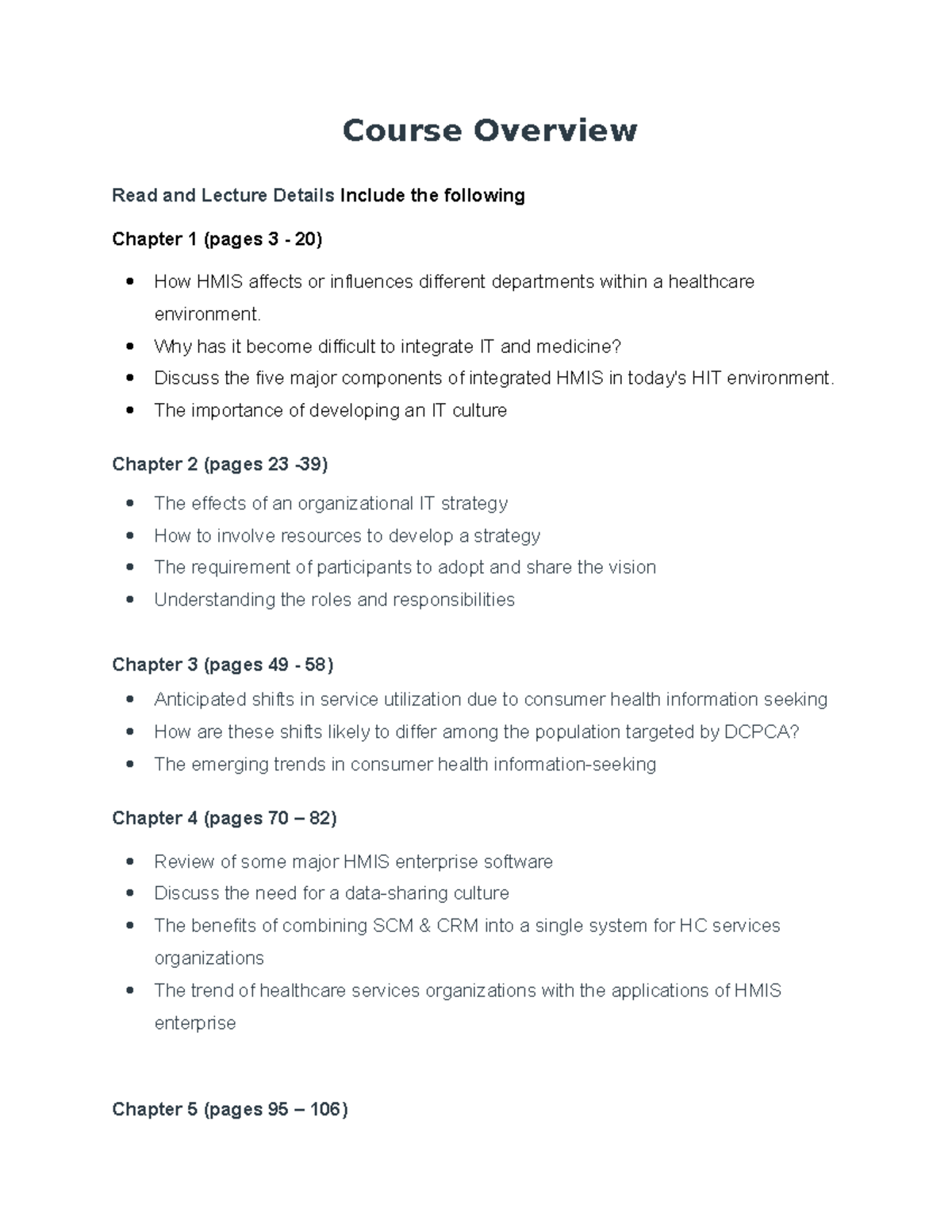 Course Chapter Overview 1 12 - Course Overview Read and Lecture Details Include the following ...