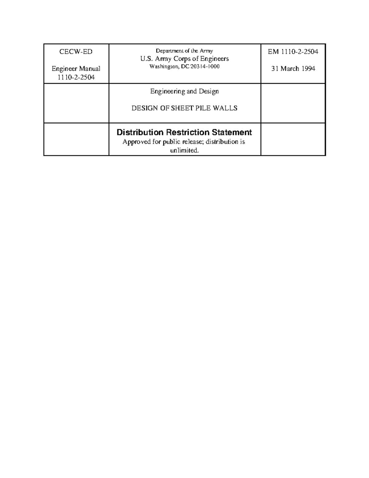 EM 1110-2-2504 Design of Sheet Pile Walls - CECW-ED Engineer Manual ...