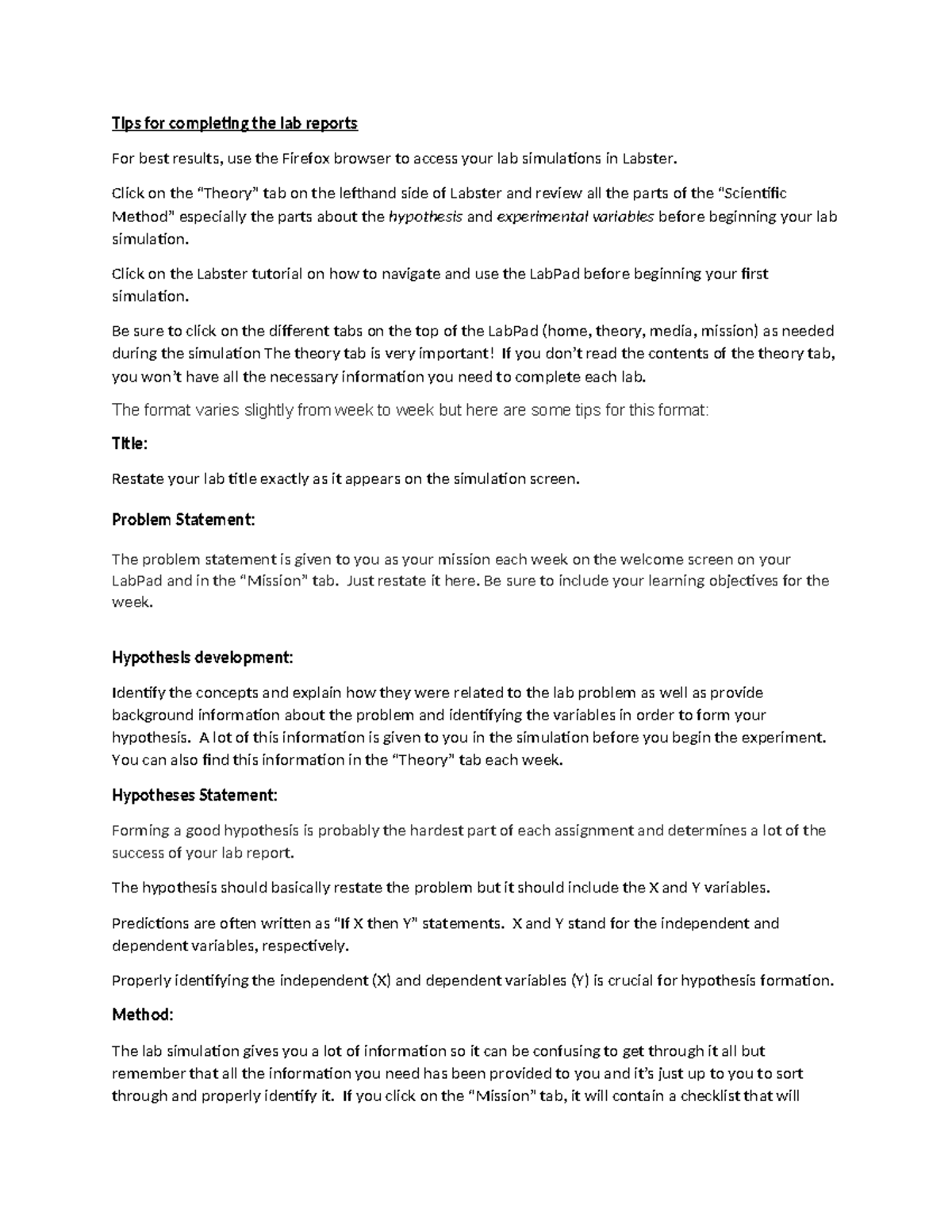 BIO 290 Tips for completing the Lab Reports - Tips for completing the lab reports For best ...