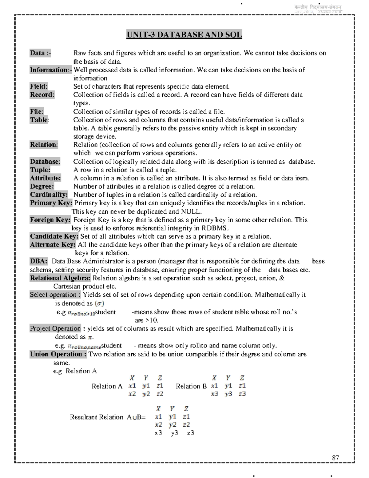 12 Computer Science Notes Ch06 Database And Sql Ncrtsolutions 87 Unit 3database And Sql Data