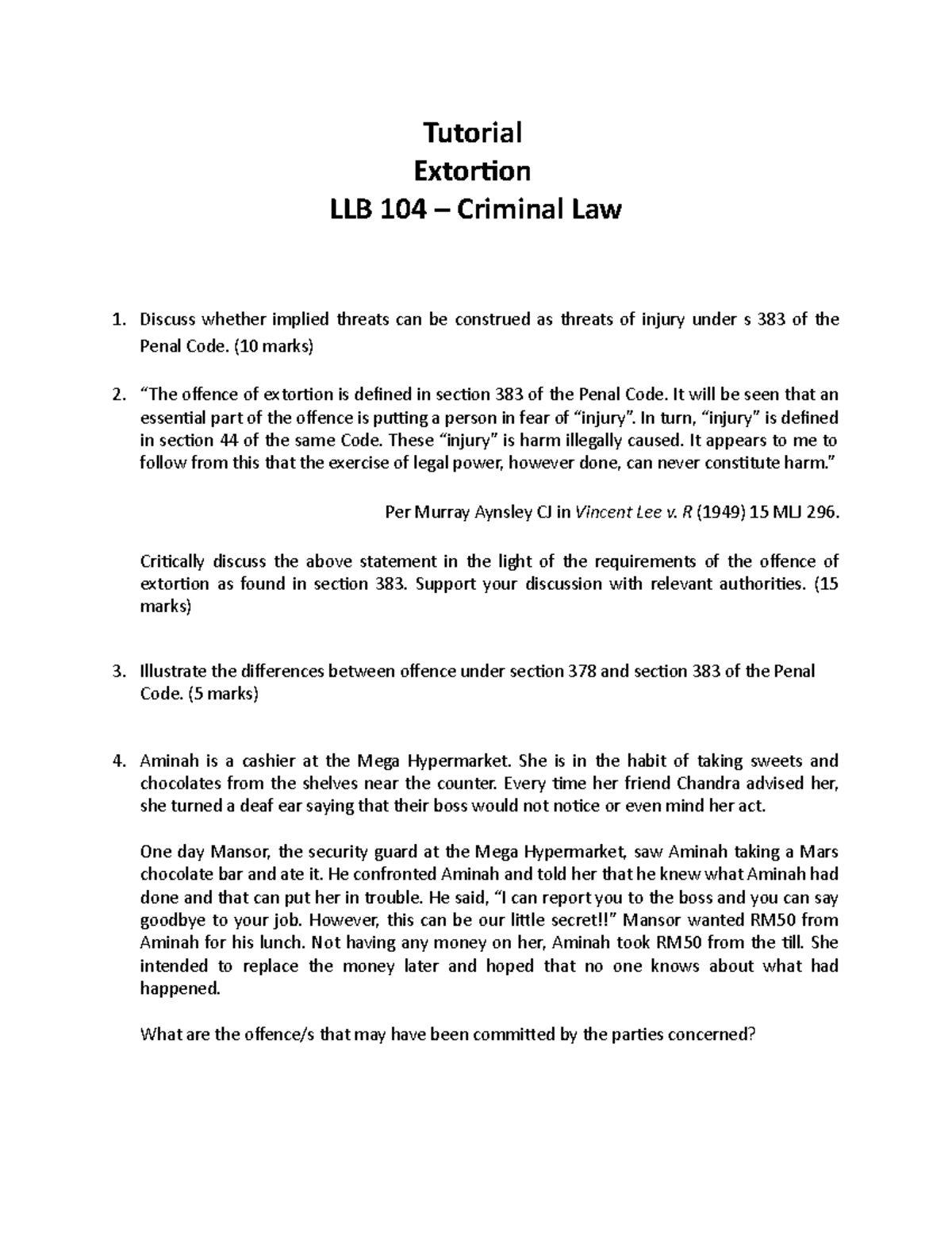 Extortion - tutorial question just an example you may use as a ...