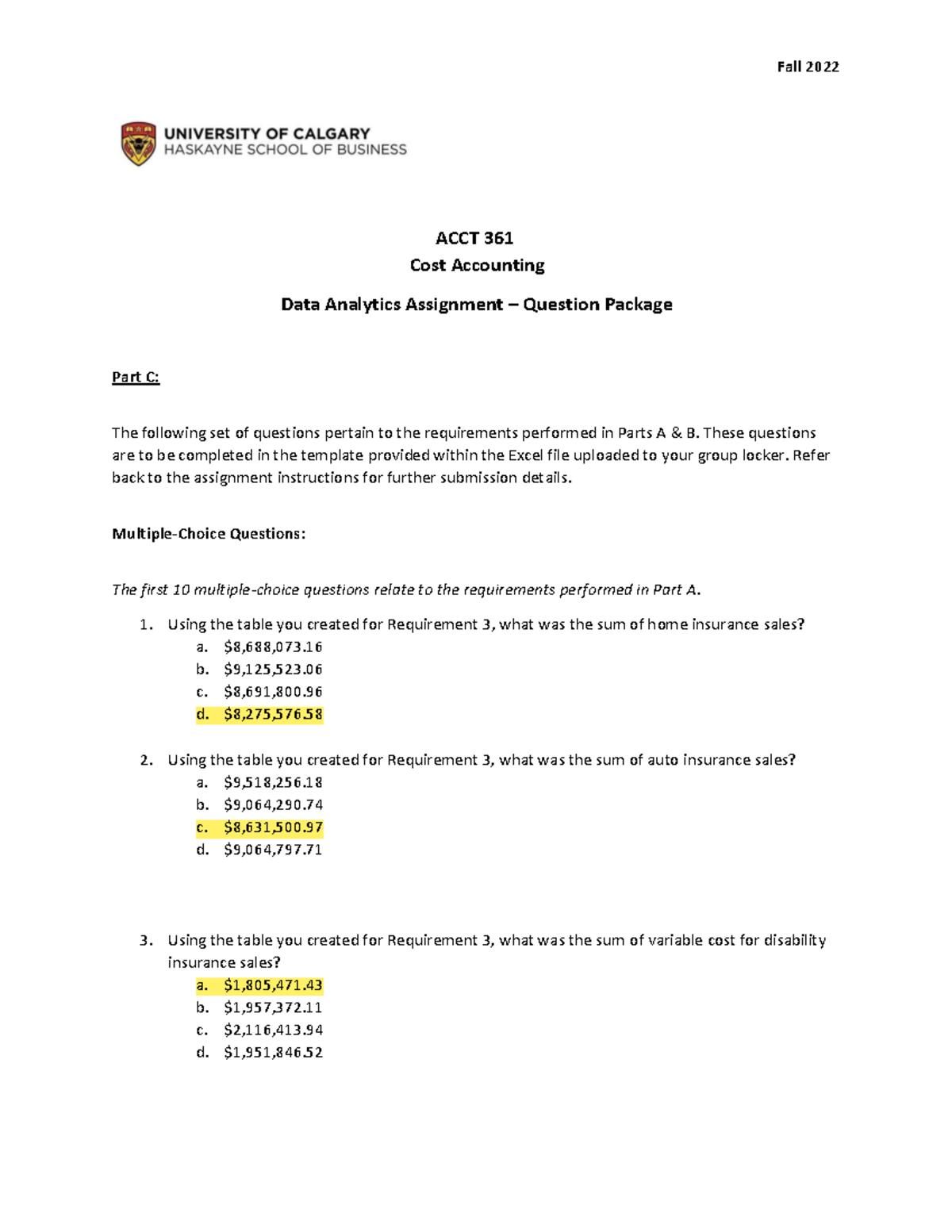 Data Analytics Assignment Question Package - Accounting 361 - UCalgary - Studocu