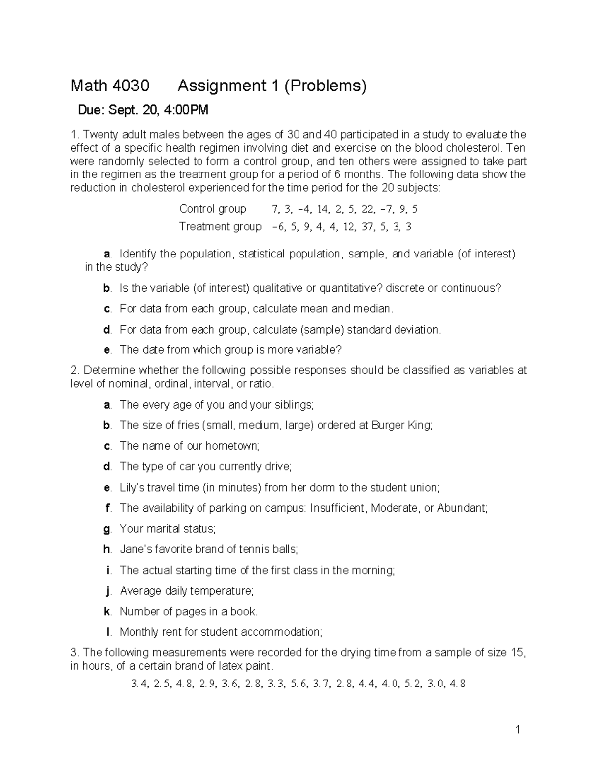 4030-Assignment 1(Problems) - Math 4030 Assignment 1 (Problems) Due ...