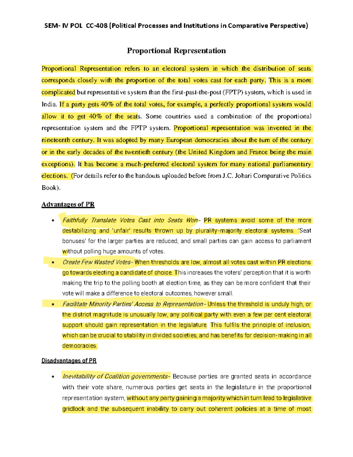 Proportional Representation - SEM- IV POL CC-408 (Political Processes and Institutions in - Studocu