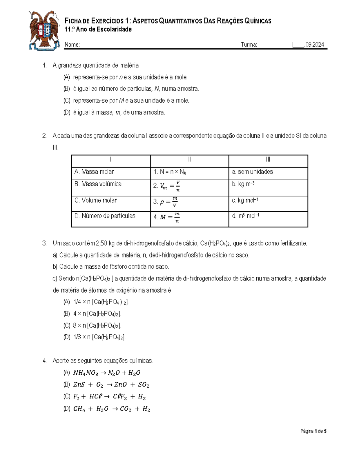Ficha de Trabalho nº1 Aspetos Quantitativos das reações Químicas ...
