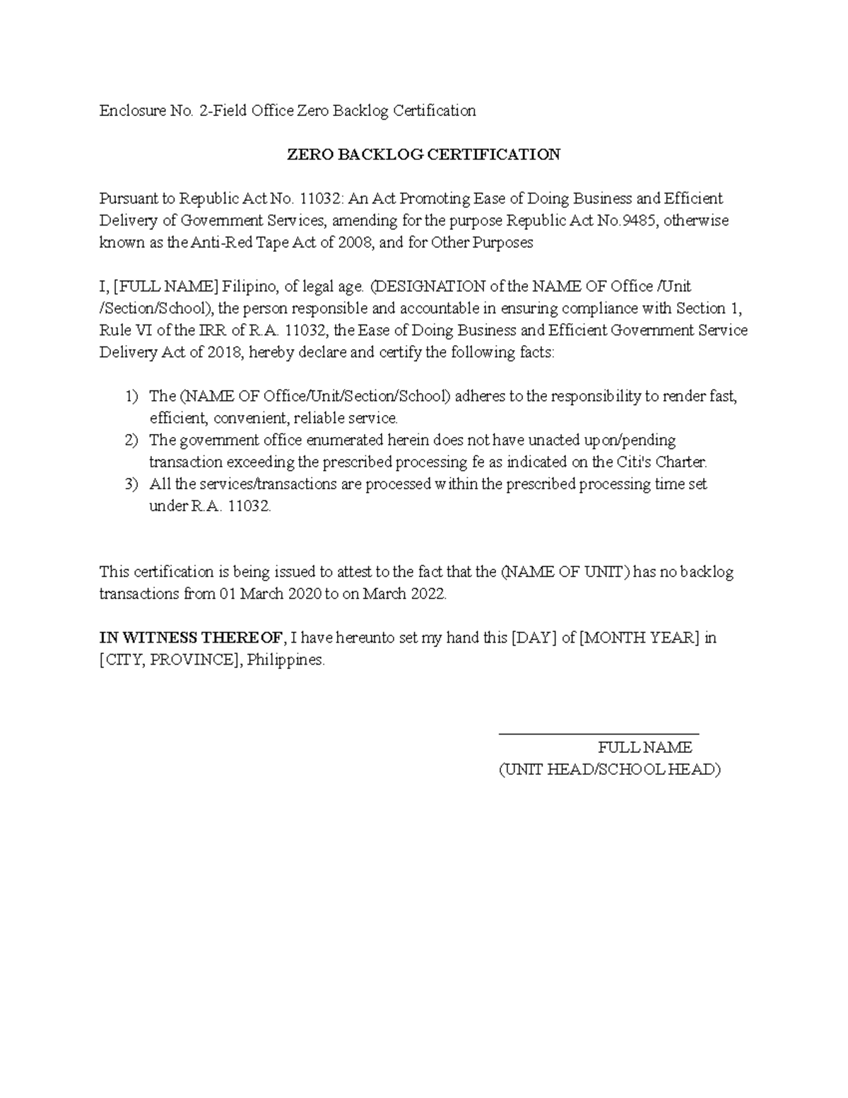 ZERO Backlog - Enclosure No. 2-Field Office Zero Backlog Certification ...