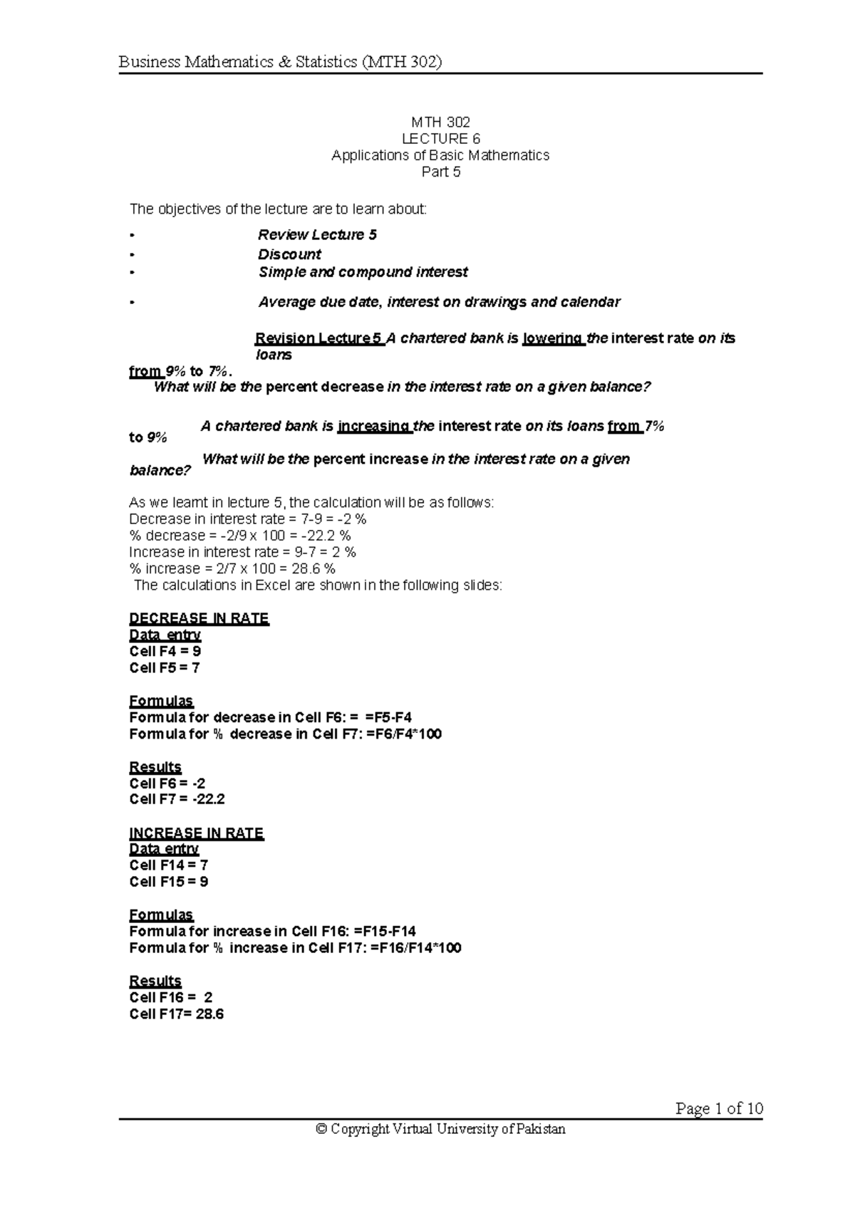 Lecture 6 handouts - Business Mathematics & Statistics (MTH 302) MTH ...