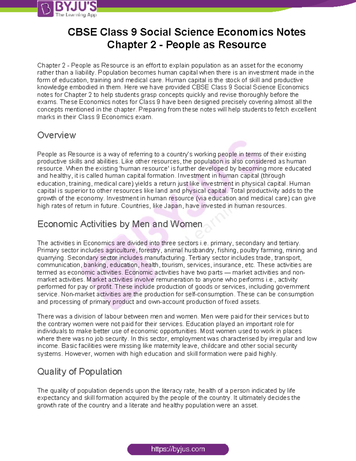 CBSE Class 9 Social Science Economics Notes Chapter 2 People as ...