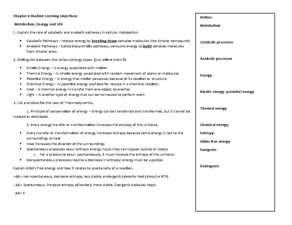 1406 Chapter 6 SLO - Chapter 6 Student Learning objectives: Metabolism ...