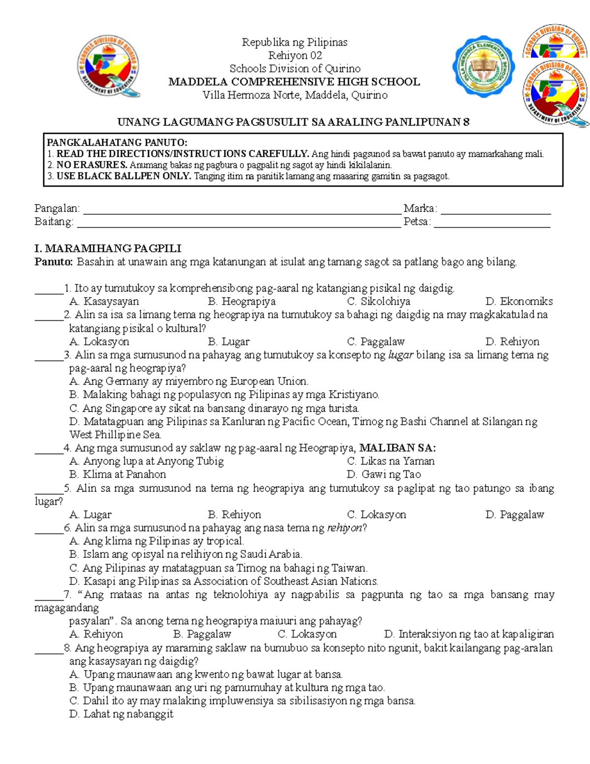 Unang Lagumang Pagsusulit SA AP 8 - Republika ng Pilipinas Rehiyon 02 ...