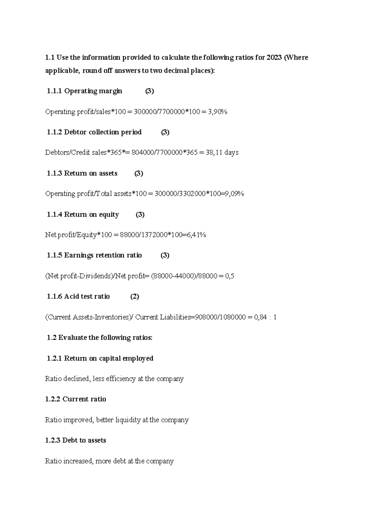 Solutions And Workings For Assignments 1 Use The Information Provided To Calculate The