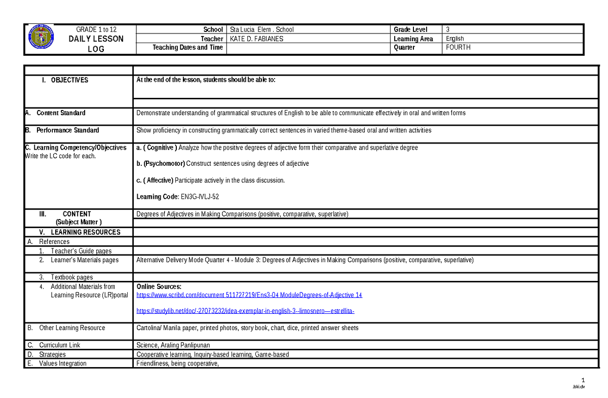 TEEG-DLP- Final - lesson plan - GRADE 1 to 12 DAILY LESSON LOG School ...