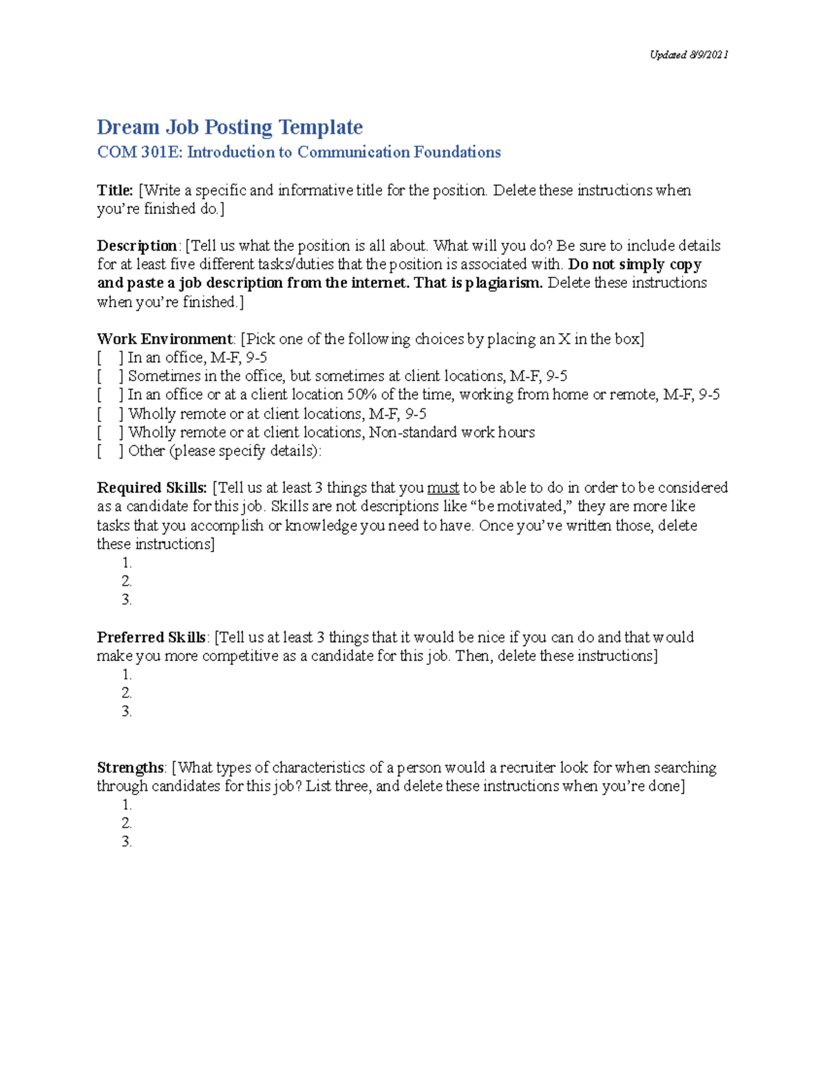 Dream Job Posting Template - Updated 8/9/ Dream Job Posting Template ...