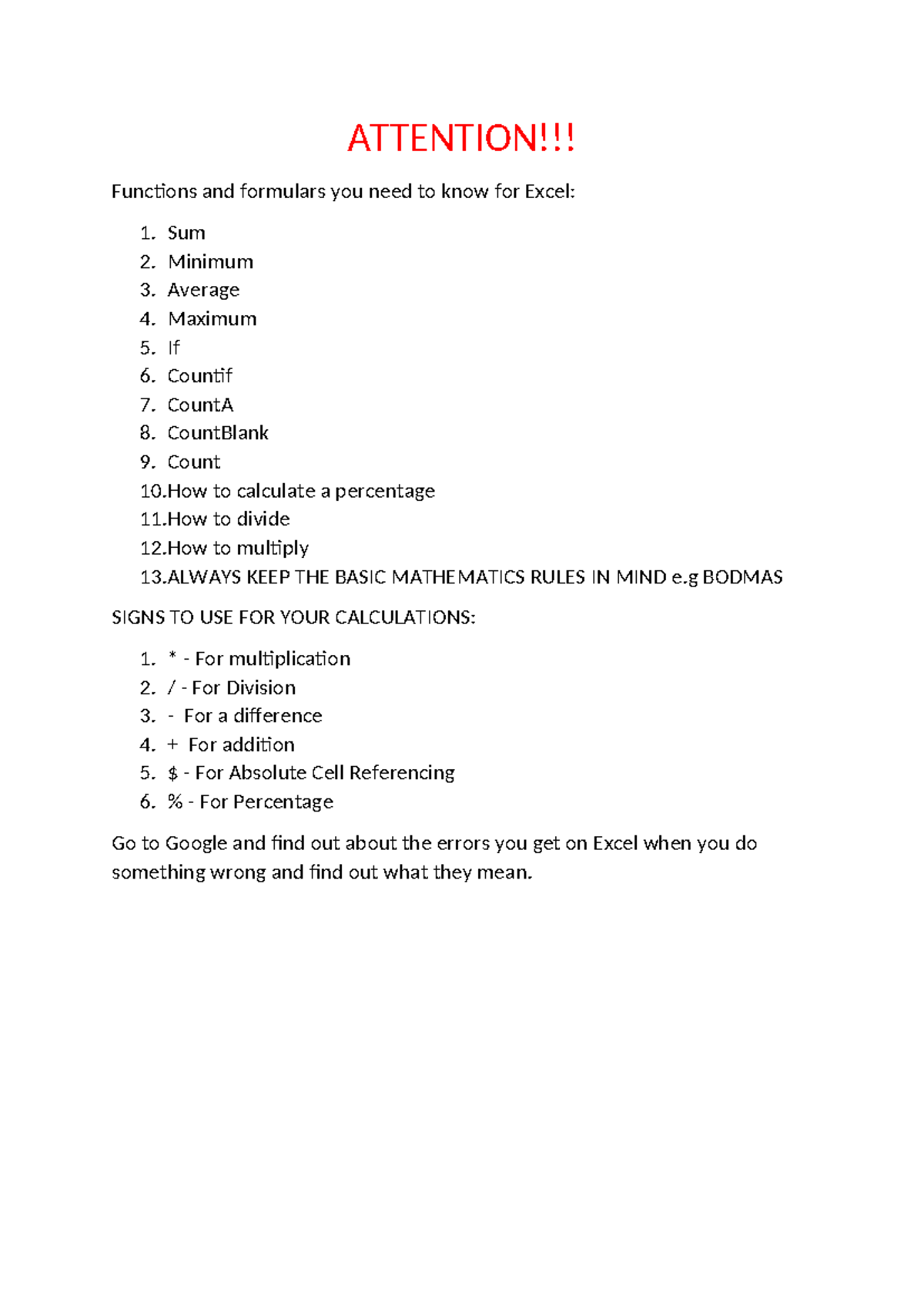 Excel - ATTENTION!!! Functions and formulars you need to know for Excel ...