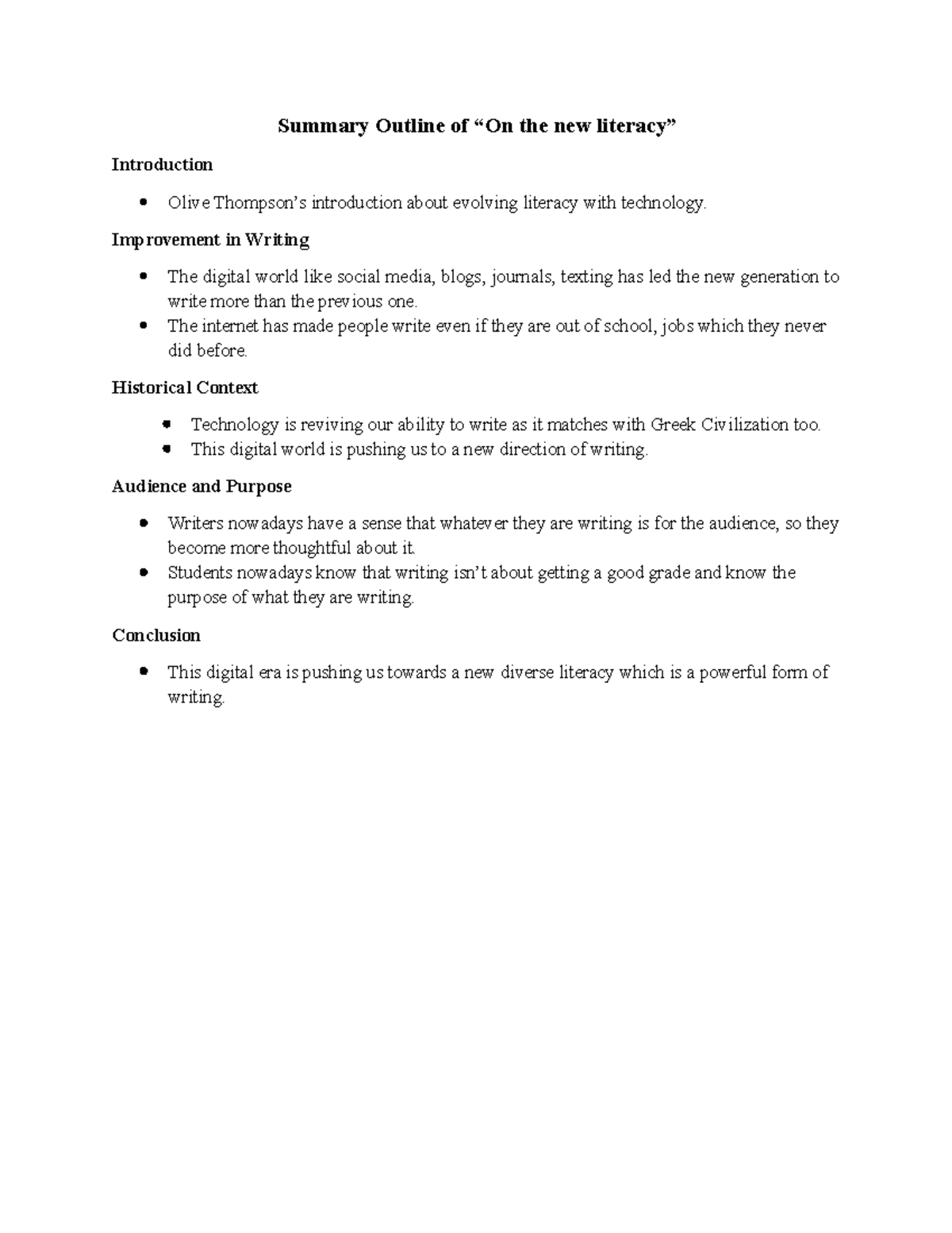 ESL Summary Outline - Summary Outline of “On the new literacy ...