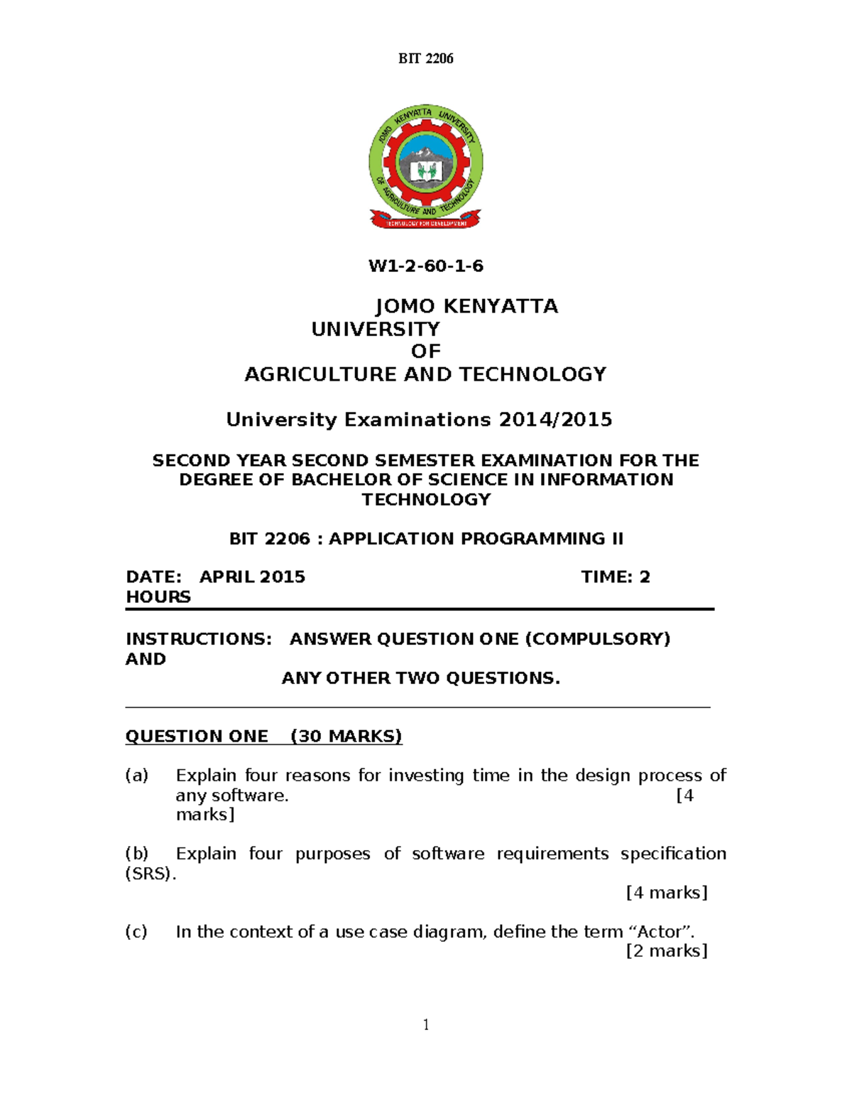 BIT 2206 Application Programming II - W1-2-60-1- JOMO KENYATTA UNIVERSITY OF AGRICULTURE AND ...