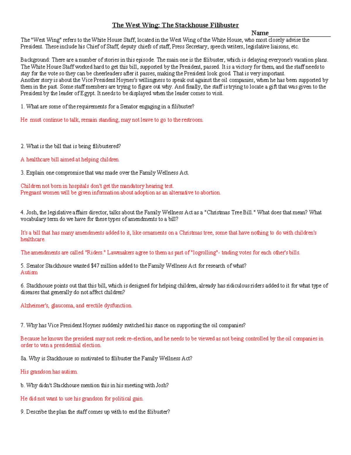 Stackhouse filibuster answer key - The West Wing: The Stackhouse ...
