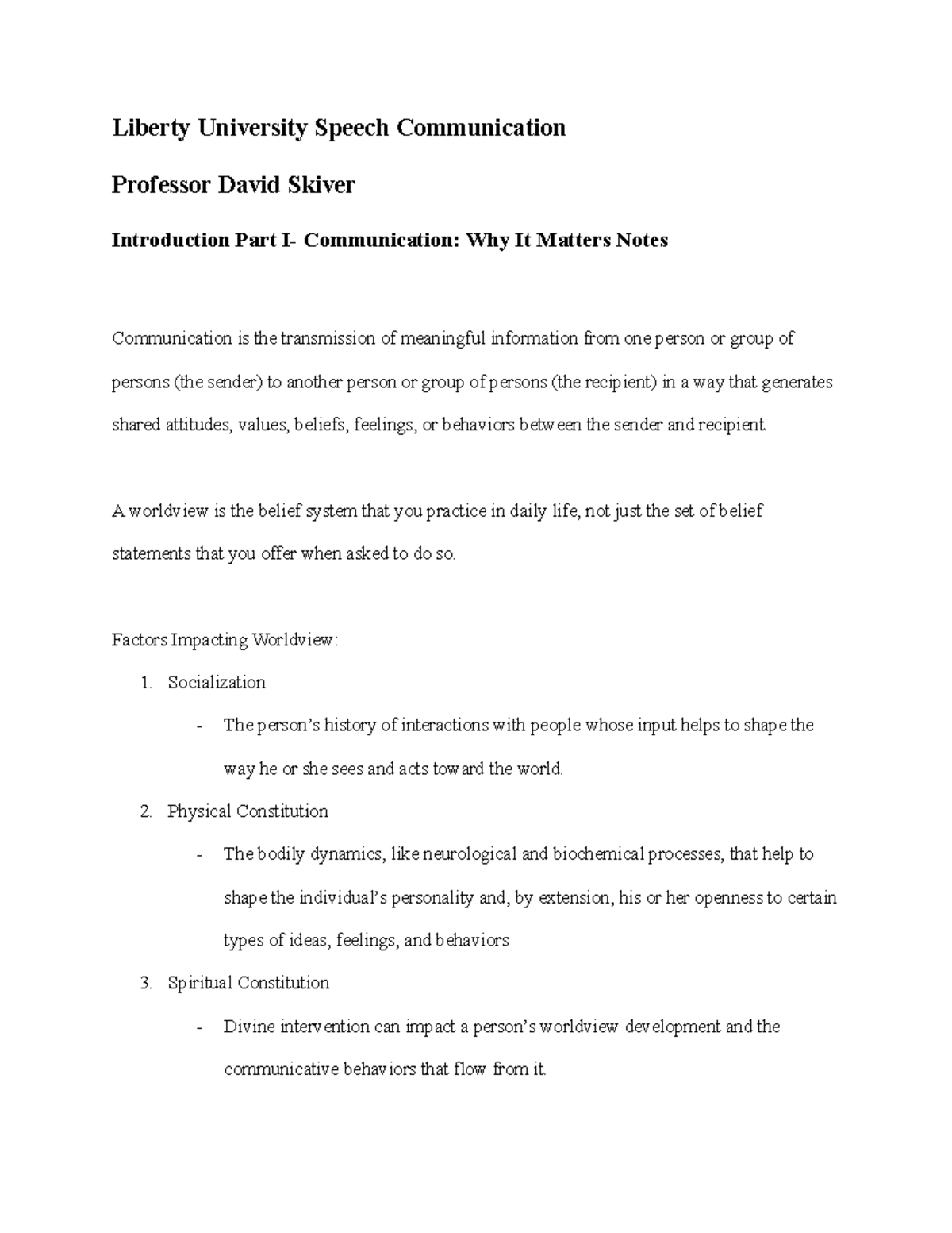 Speech Communication Introduction Part 1 Notes - Liberty University ...