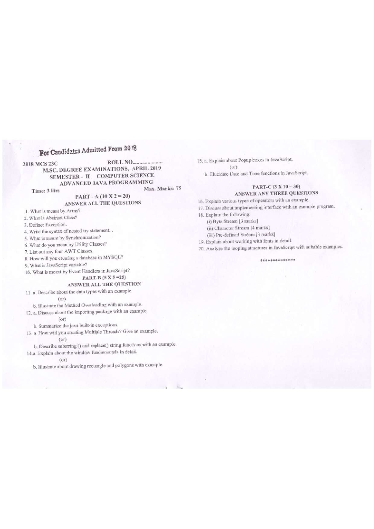 Advanced Java Programming18mcs23c For Candidates Admitted From 2018 2018 Mcs 23c Roll No 15