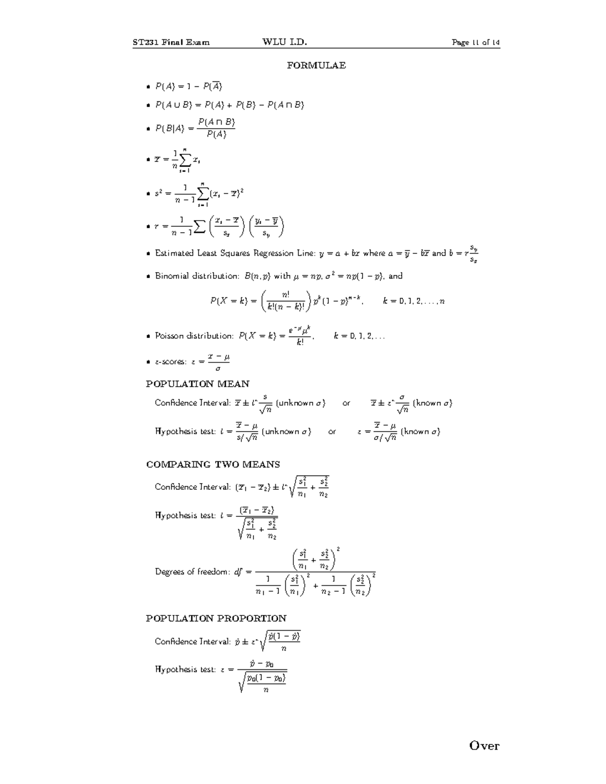 Formula sheet statistics - FORMULAE • P (A) = 1 P (A) • P (A [ B) = P ...