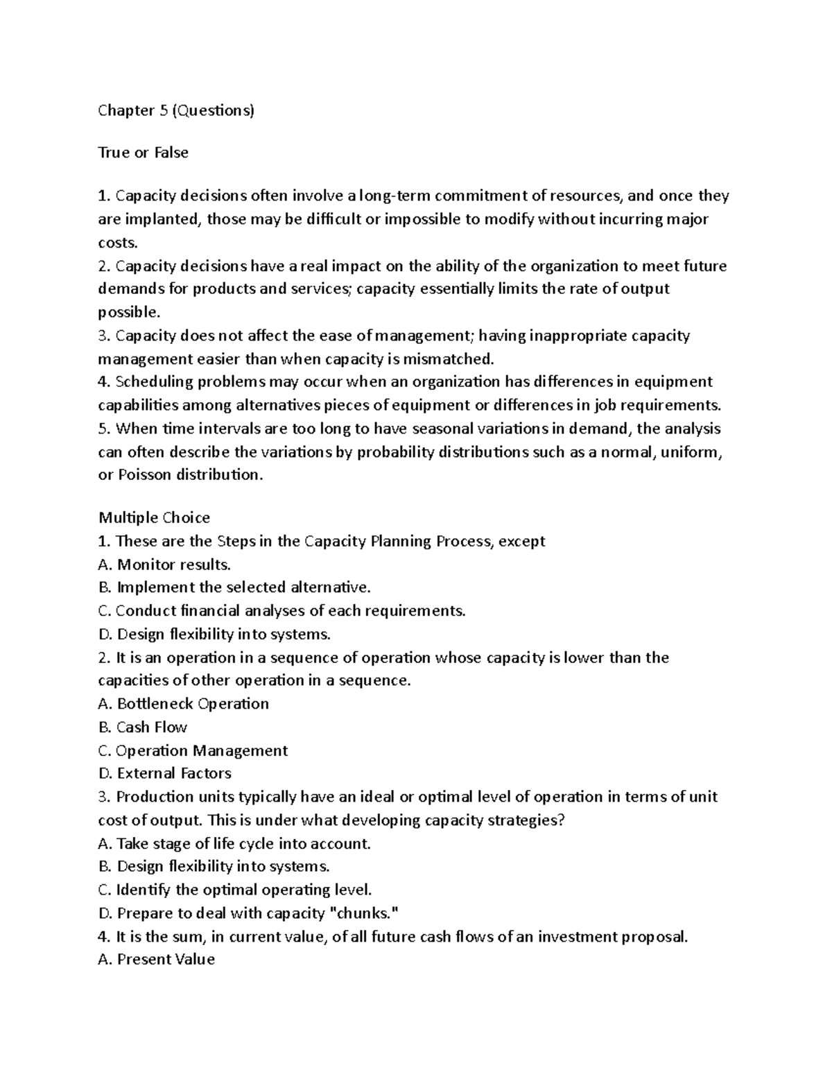 Chap 5- OM Questions - Practice Material for Chapter 5 of Operations ...