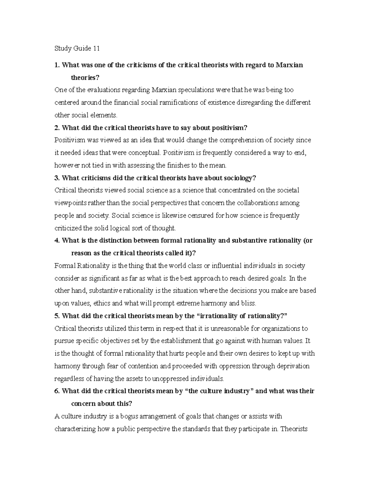 Study Guide 11 Critical Theory question and answer - Study Guide 11 1 ...