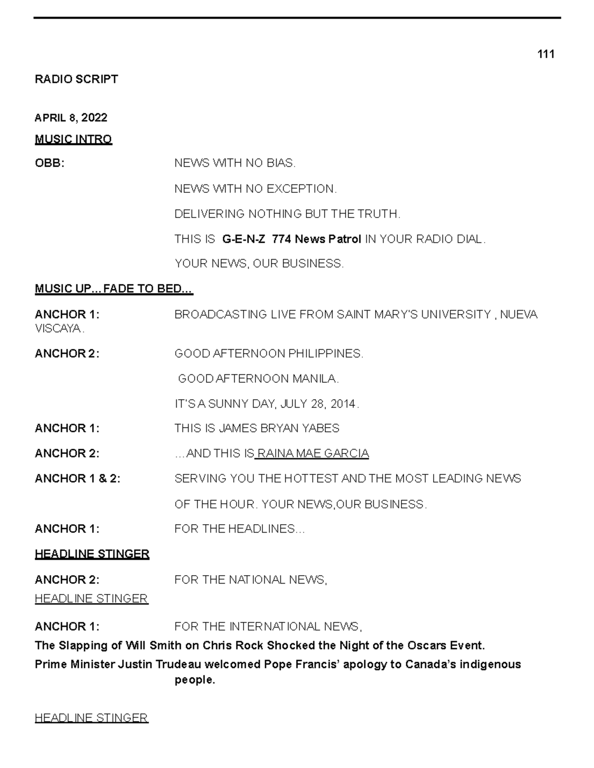 Script - grizal - 111 RADIO SCRIPT APRIL 8, 2022 MUSIC INTRO OBB: NEWS ...