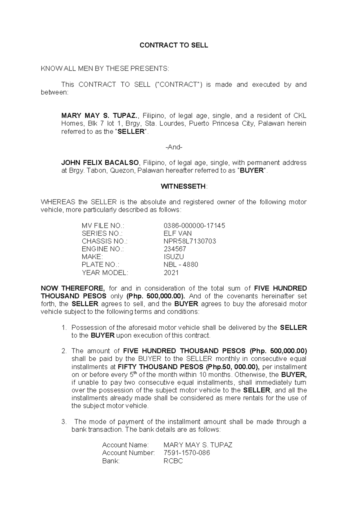 Contract to Sell - CONTRACT TO SELL KNOW ALL MEN BY THESE PRESENTS ...