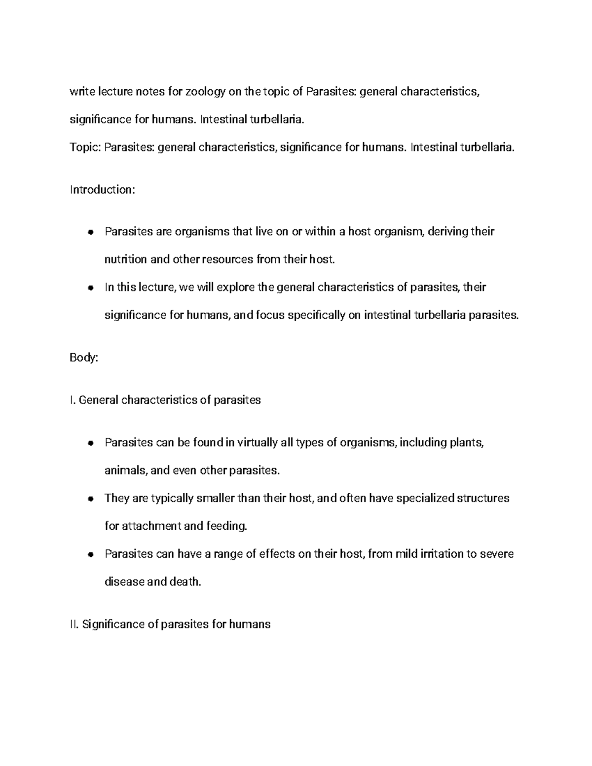 Write lecture notes for zoology on the topic of Parasites general ...