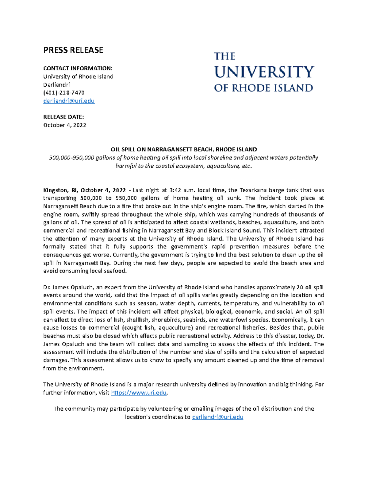 Assignment 4 - PRESS RELEASE CONTACT INFORMATION: University of Rhode Island Darliandri (401 ...