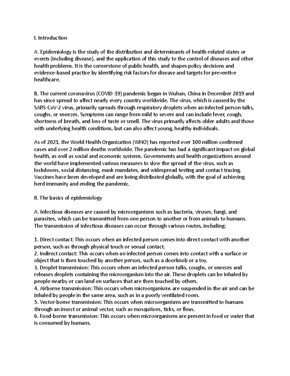 Epidemiology and Coronavirus - I. Introduction A. Epidemiology is the ...